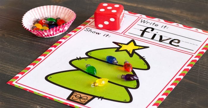Free Printable Christmas Tree Lights Roll and Count Activity