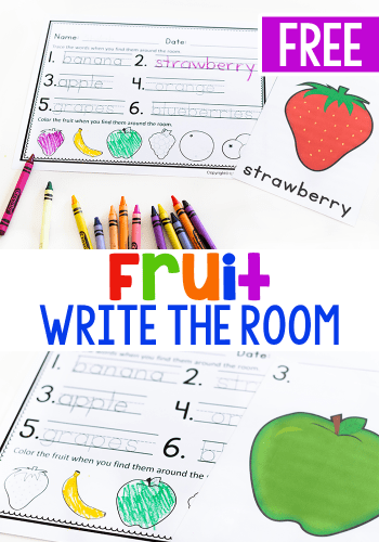 Free Printable Fruit Theme Write the Room Activity
