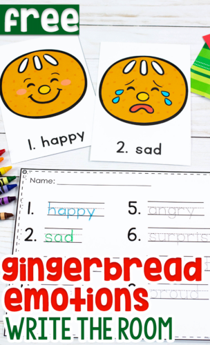 Free Printable Write the Room Gingerbread Emotions Activity