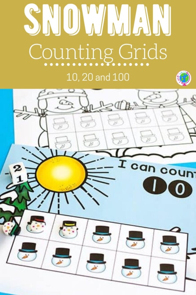 Free Printable Snowman Counting Grids to 10, 20, & 100