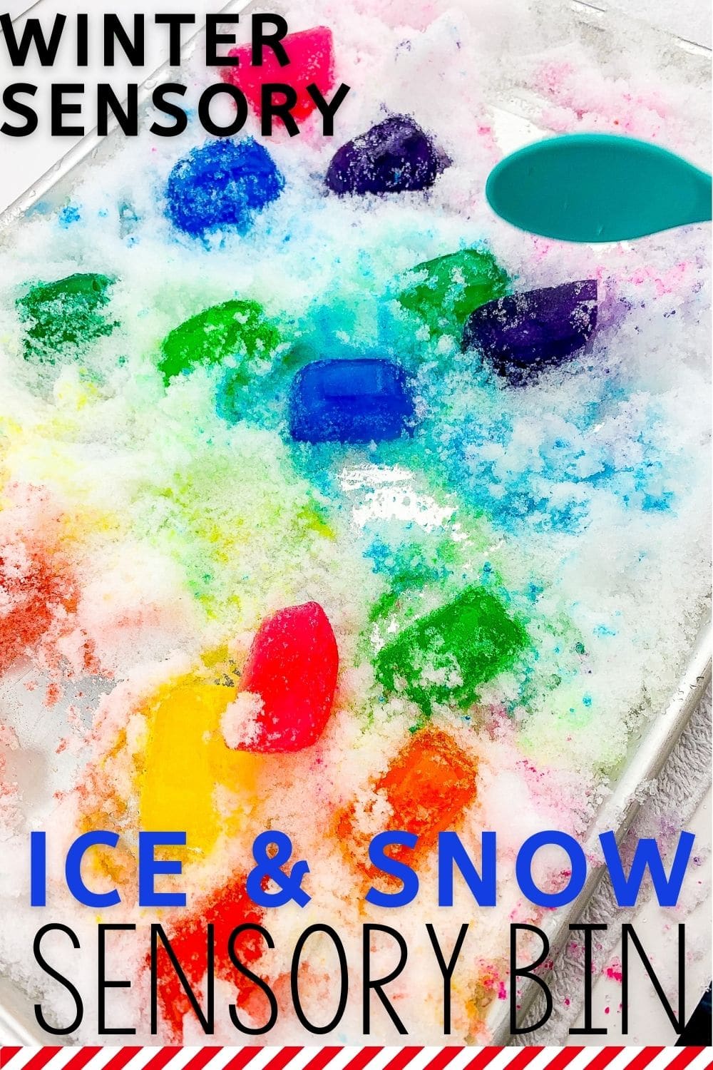Rainbow Snow and Ice Cube Sensory Bin for Winter