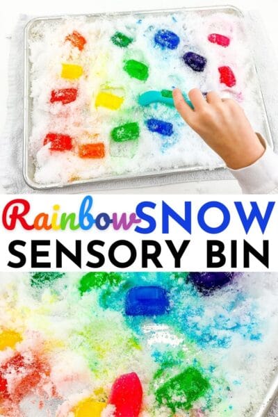 Rainbow Snow and Ice Cube Sensory Bin for Winter