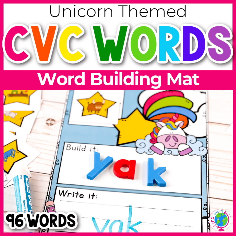 Rainbow Unicorn CVC Word Building Mat for Kindergarten