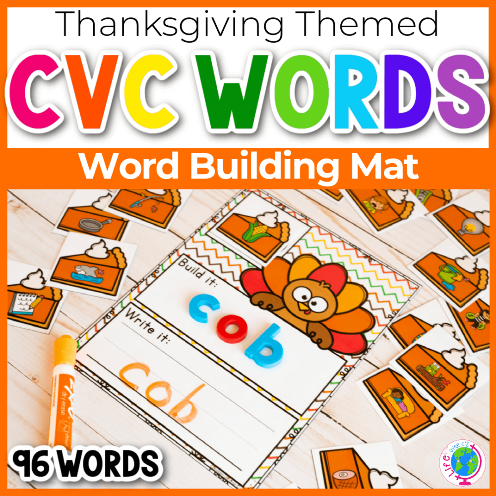 Free Printable Thanksgiving Turkey CVC Word Building Mat