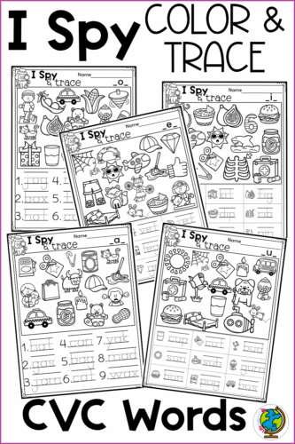 5 Fun CVC Word I Spy Trace and Color Worksheets